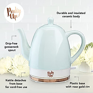 Pinky Up Noelle 1.5 L Ceramic Electric Tea Kettle, Mint, Rose Gold, Gooseneck Spout, Cordless Design