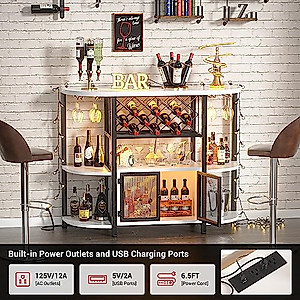 Unikito Bar Table with Double LED Lights and Power Outlet, Freestanding Wine Rack Table with Glass Holder, Home Mini Bar with Storage, Bar Cabinet for Liquor and Glasses for Kitchen Dining Room, White