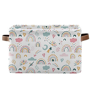 Kigai Collapsible Storage Basket with Handles, Cartoon Rainbow Canvas Fabric Storage Bins Toys Clothes Organizer for Bedroom, Nursery, Shelves, Closets (1PACK)