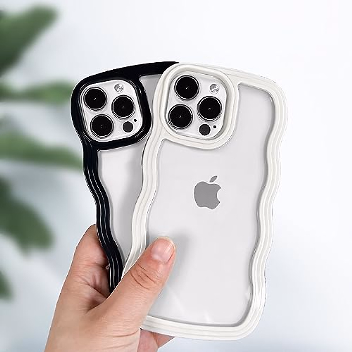 Anuck for iPhone 14 Pro Case Wavy Edge Clear Back Design, Anti-Slip Grip Cute Wave Curly Frame Shape Shockproof Soft TPU & Hard Bumper Protective Phone Case Cover for Women Girls, White