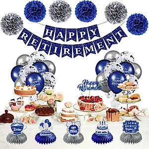 Roetyce Retirement Party Decorations for Men Women, 32PCS Blue Silver Happy Retirement Banner Balloons Honeycomb Cake Topper Pompoms Kit, Blue Retired Sash for Coworker, Office Retirement Supplies
