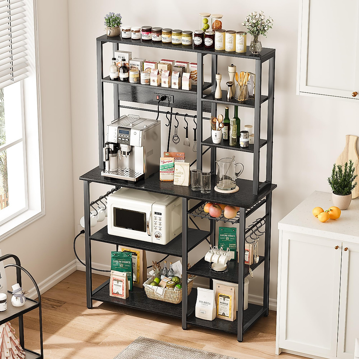 SUPERJARE Large Bakers Rack with Power Outlets, 6-Tier Microwave Stand, Coffee Bar with 12 S-Shaped Hooks, Kitchen Shelf with Wire Basket, 39.3 x 15.5 x 66.9 Inches, Black