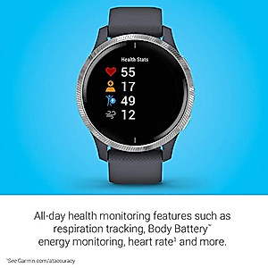 Garmin Venu, GPS Smartwatch with Bright Touchscreen Display, Features Music, Body Energy Monitoring, Animated Workouts, Pulse Ox Sensor and More, Silver with Dark Gray Band (Renewed)