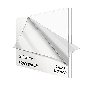 ToolinHand 2 Pack Clear Cast 12''×12" Acrylic/Plexiglass Sheets - Transparent 1/8” Thick (3mm) Square Panels Plastic Sheets for Picture Frames, Sign, Craft, Display Projects