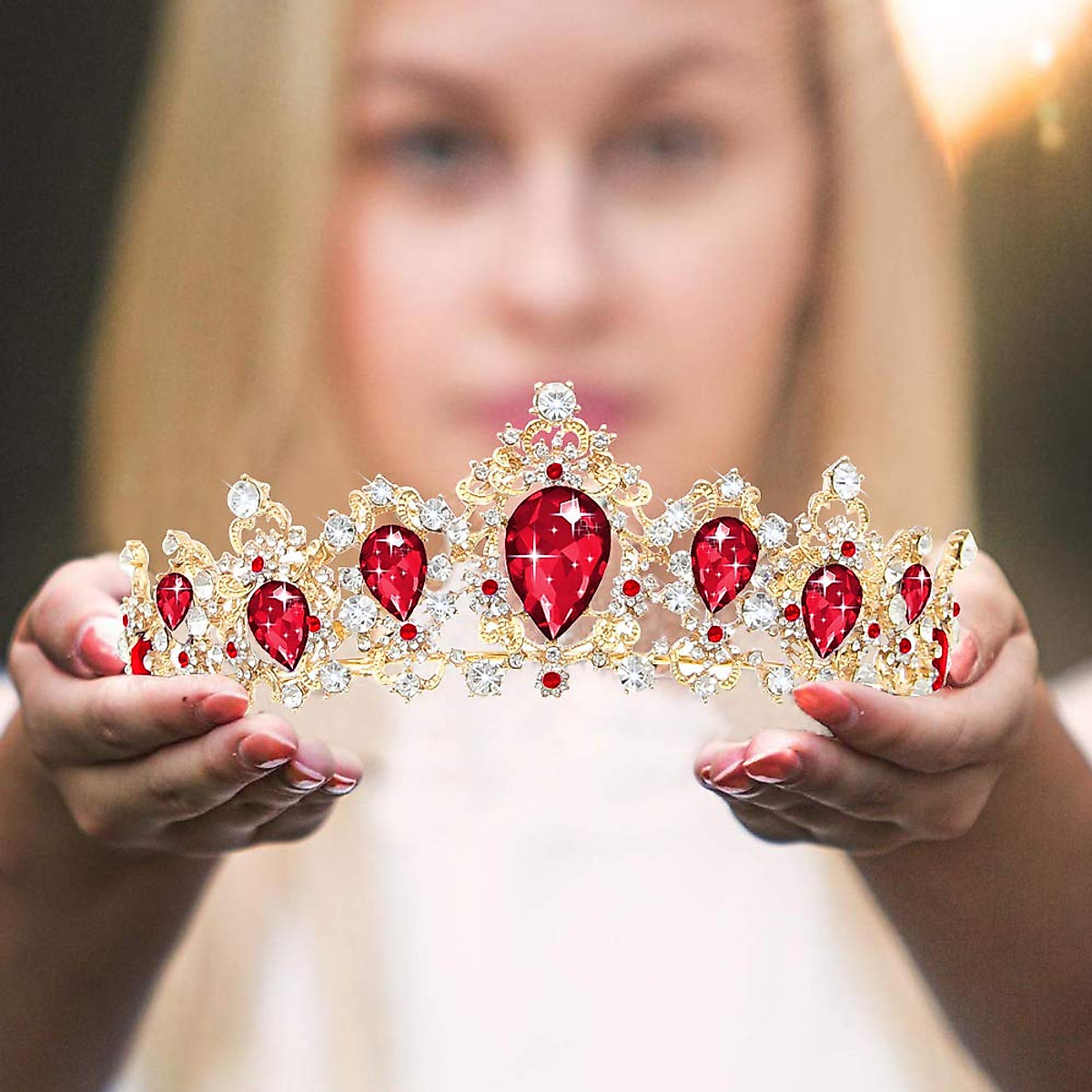 Baroque Vintage Rhinestone Crystal Crown - Tiaras and Crown for Women - Princess Rhinestone Crown for Christmas/Wedding/Prom/Pageant/Costume Birthday Party/Photography (Red ruby crown)