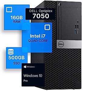 Dell Optiplex 7050 Tower Desktop Computer | Intel i7-7500 (3.4) | 16GB DDR4 RAM | 500GB SSD Solid State | Windows 10 Professional | Wi-Fi + Bluetooth 5G | Home or Office PC (Renewed)