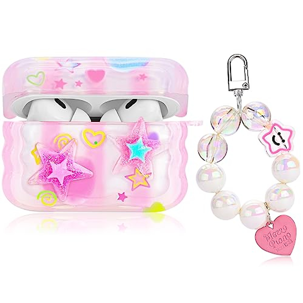Cute AirPods Pro 2 Case with Love Pendant Colorful Round Bead Keychain, Glitter 3D Stars Design Soft Protective Cover Compatible with AirPods Pro 2nd Generation 2022 Case for Women and Girls