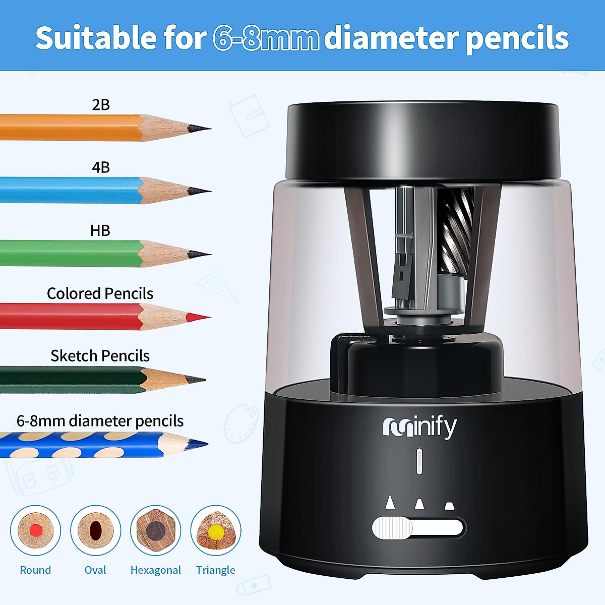 Minify Pencil Sharpener Electric Pencil Sharpener Heavy Duty Blade Rechargeable Battery Powered Pencil Sharpeners for 6-8mm Colored Pencils Auto Stop Fast Sharpen in 3s (Black)