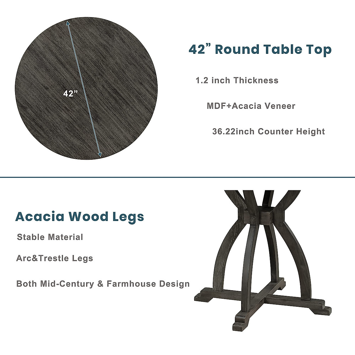 Bellemave Round Dining Set 5-Piece Farmhouse Kitchen Table and Chairs for 4, Wood Round Dining Table Set with Trestle Legs and 4 Upholstered Dining Chairs for Small Place, White Gray