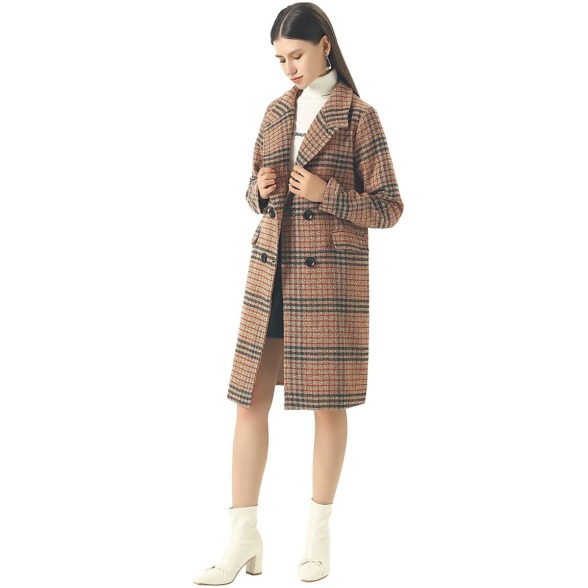 CHARTOU Women's Winter Oversize Lapel Collar Woolen Plaid Double Breasted Long Peacoat Jacket (Large, Camel)