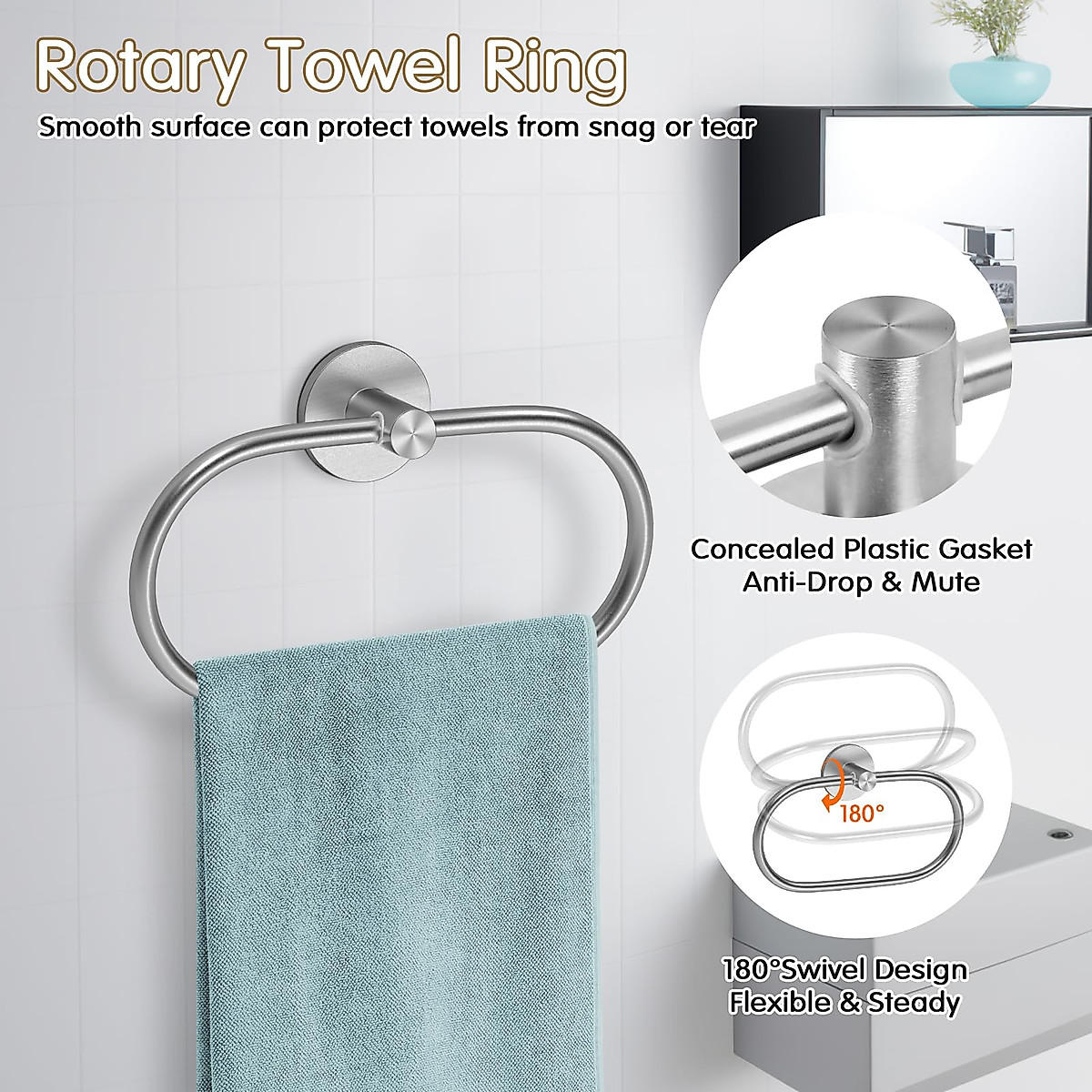 Bathroom Hardware Set, Brushed Nickel Bathroom Accessories, 6PCS Adjustable Towel Holder Set, Expandable Tower Bar, Adhesive Toilet Paper Holder, Stainless Steel Towel Rack, Towel Ring, Hooks,No Drill
