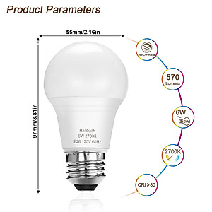 Hanbaak E26 LED Bulb, 40W Equivalent Light Bulb, 6W Medium Base Bulb, Non-Dimmable, Soft White 2700K, 4 Packs