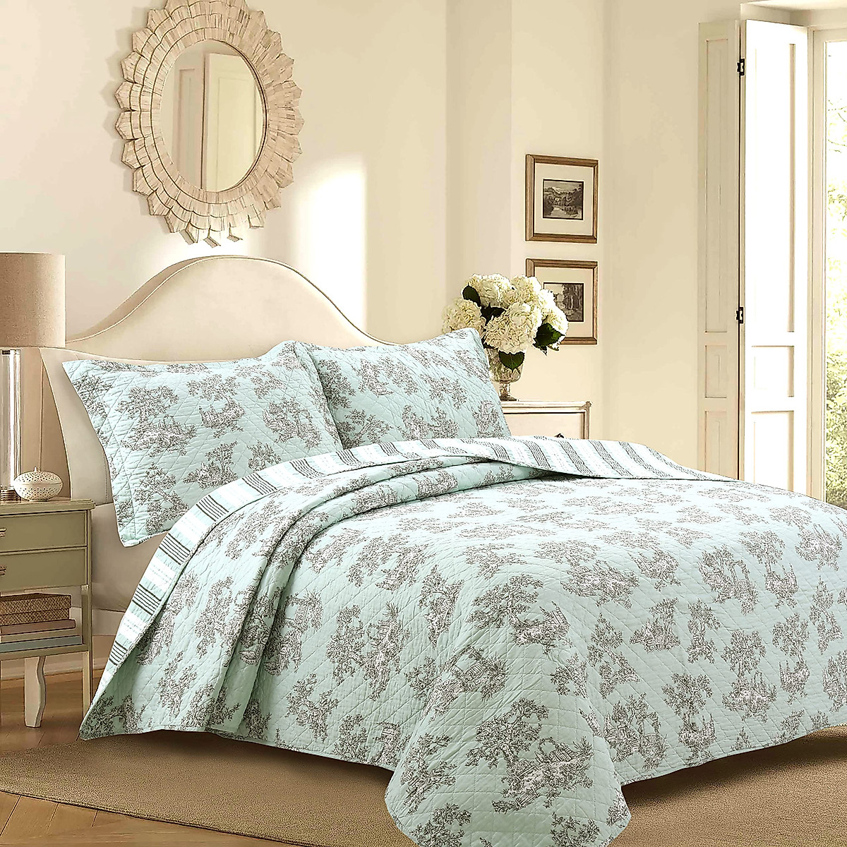 Cozy Line Home Fashions Vintage Cottage Garden Toile Mint Green 100% Cotton Reversible Girl Quilt Bedding Set, Coverlet, Bedspread (Garden Toile, King - 3 Piece)