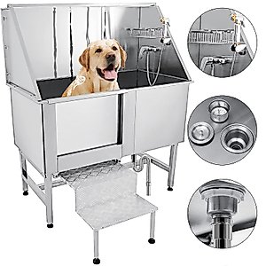 VEVOR 62 inch Professional Dog Grooming Tub Stainless Steel Pet Bathing Tub Large Dog Wash Tub with Faucet Walk-in Ramp Accessories Dog Washing Station Pet Bath Tub