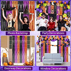 algpty 3 Pack Halloween Foil Curtains Backdrop with 16 Pcs Halloween Bats, 3.3 x 6.6FT Orange Purple Black Metallic Tinsel Foil Fringe Curtains Halloween Party Photo Booth Props Halloween Decor Indoor