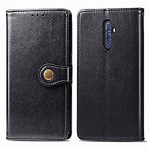 SATURCASE Case for Oppo Reno2 Z, Premium PU Leather Flip Round Magnet Wallet Stand Card Slots Protective Cover with Hand Strap for Oppo Reno2 Z (Black)