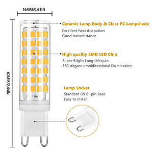 YUIIP G9 LED Bulb Dimmable 6W Warm White 3000K, T4 G9 Ceramic Bi-pin Base Light Bulbs AC 120V 530LM, 50W 60W Halogen Bulb Equivalent, G9 Light Bulbs for Chandelier, 6 Pack