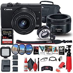 Canon EOS M200 Mirrorless Digital Camera with 15-45mm Lens (Black) (3699C009) + Canon EF-M Lens Adapter + Canon EF 50mm Lens + 64GB Card + Case + Filter Kit + Corel Photo Software + More (Renewed)
