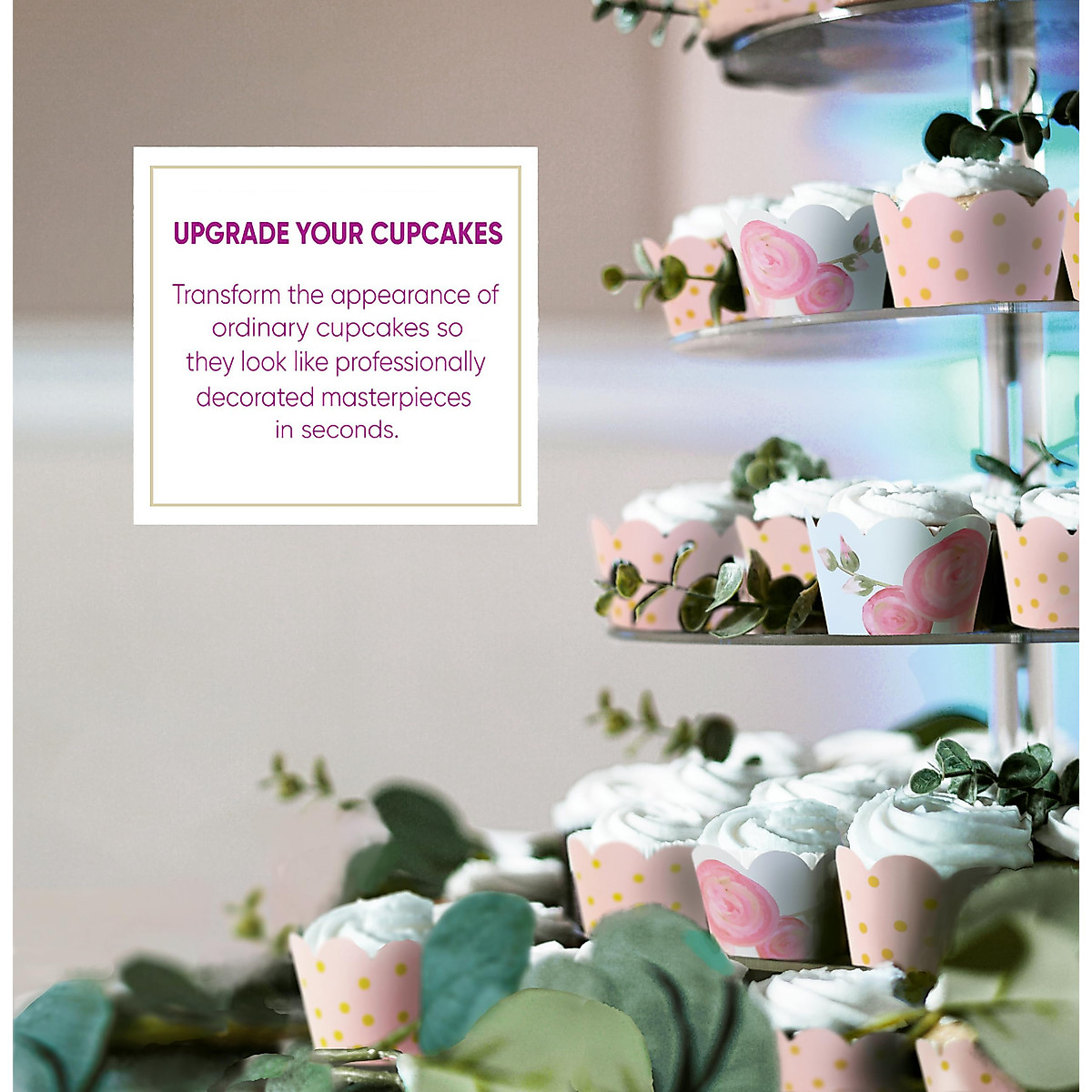 Pink Blush and Gold Party Cupcake Wrappers, 1st Birthday, Fairy Princess Birthday Parties, Sweet 16, Floral, Baby Shower Decorating Supplies, Bridal Shower, Wedding Cupcake Holder - 24 Count