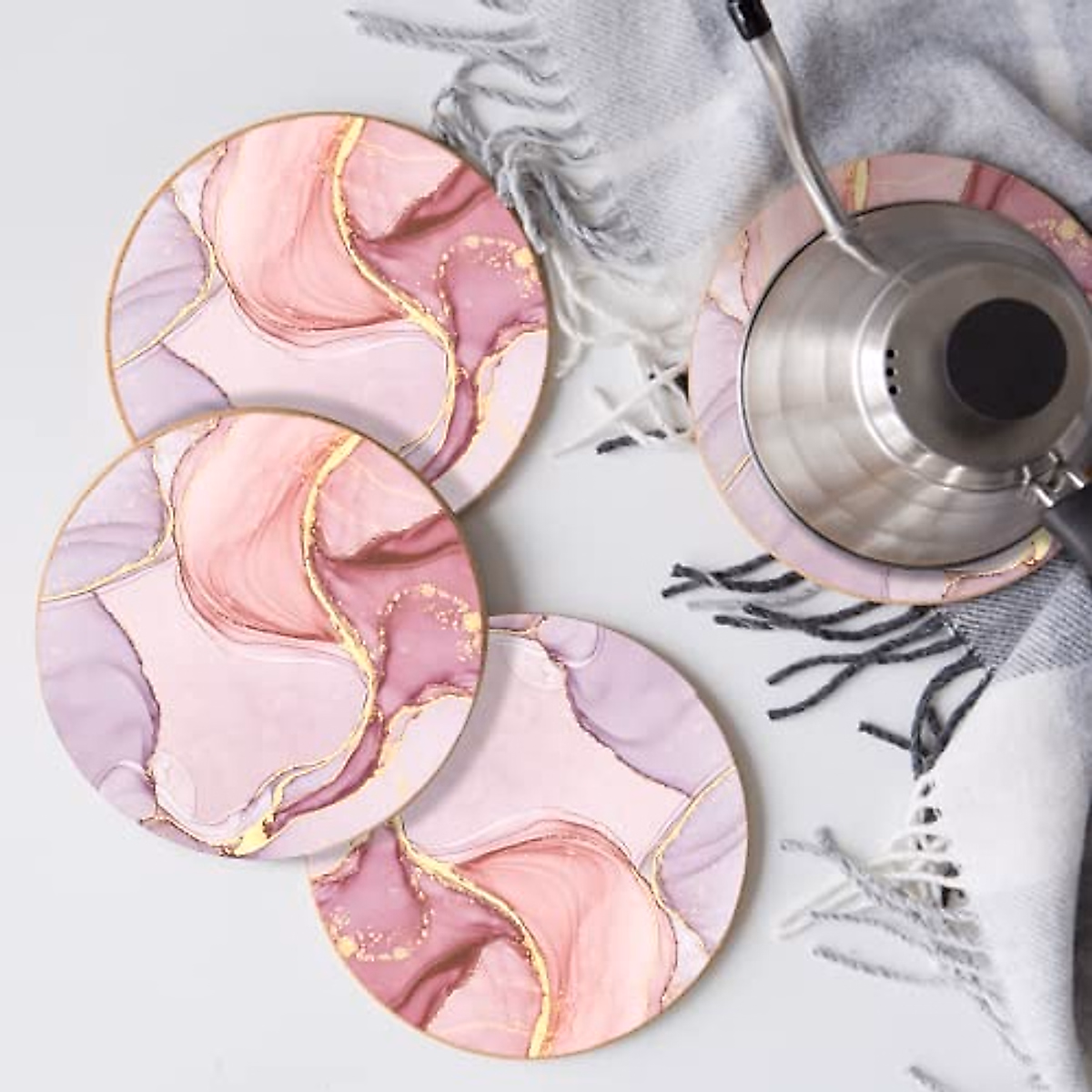 kasader Coasters for Drinks 4 Pcs Cork Coasters Absorbent Heat Resistant Coaster Premium Home Decor Housewarming Gifts - Pink Marble Pattern, 3.93in