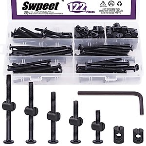 Swpeet 120Pcs Crib Hardware Screws, Black M6 × 40/50/60/70/80mm Hex Socket Head Cap Crib Baby Bed Bolt and Barrel Nuts with 1 x Allen Wrench Perfect for Furniture, Cots, Crib Screws 15/20/25/30/35