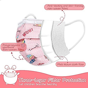Wudida 50PCS Kids Cute Face Mask Ages 5-12 Children Breathable 3Ply Elastic Earloop Disposable Face Masks with Cartoon Print. Perfect for Girls.