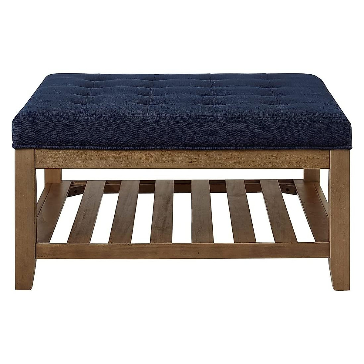 24KF Large Square Upholstered Tufted Linen Ottoman, Large Footrest Ottoman with Solid Wood Shelf- Navy Blue
