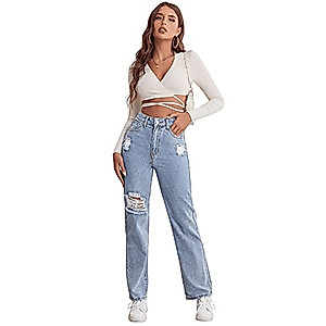 SweatyRocks Women's High Waist Straight Leg Jeans Ripped Distressed Denim Pants Light Blue S
