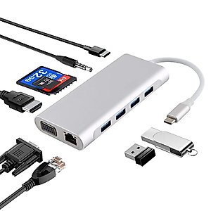 Jiali USB-C 4K Hub Converter 11 in 1 VGA + LAN Port + 4 x USB 3.0 + SD/TF Card + HDMI + Audio Port + USB-C/Type-C Female to USB-C/Type-C HUB Adapter(Dark Gray) (Color : Silver)