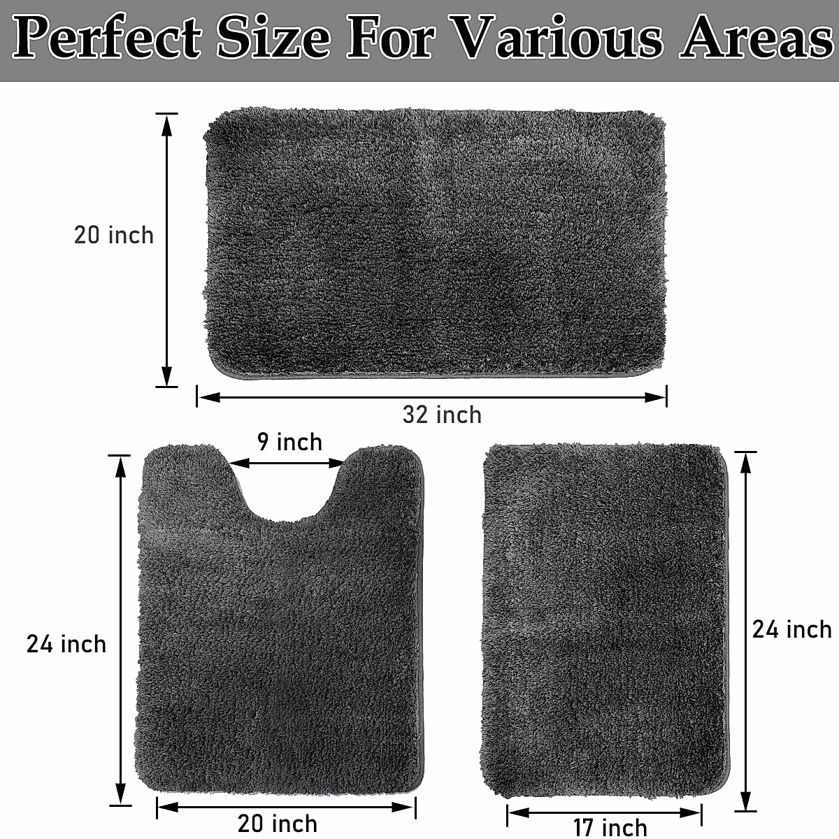 3 Piece Bathroom Rugs-Extra Soft and Absorbent Microfiber Bath Rugs, Non-Slip Plush Shaggy Luxury Mat with Rubber Backing, Machine Wash Dry, Bath Mats for Bathroom Floor, Tub and Shower, Deep Grey