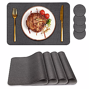 Placemats Set of 4, Placemat with Coasters Heat Stain Scratch Resistant Non-Slip Waterproof Oil-Proof Washable Wipeable Outdoor Indoor for Dining Patio Table Kitchen Decor and Kids(Grey 4)