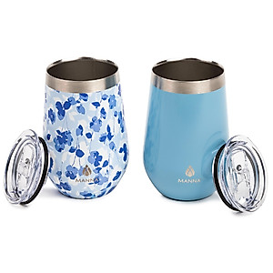 Manna Double Wall Insulated Stainless Steel Stemless Wine Cup Tumbler with Splash-Proof Sliding Lid - 12 Oz - Set of 2 - Blue Floral and Blue