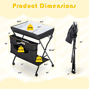 Costzon Baby Changing Table, Adjustable Height Portable Diaper Station w/Lockable Wheels, Safety Belt, Large Storage Rack & Bag, Folding Nursery Station for Infant Newborn (Black)