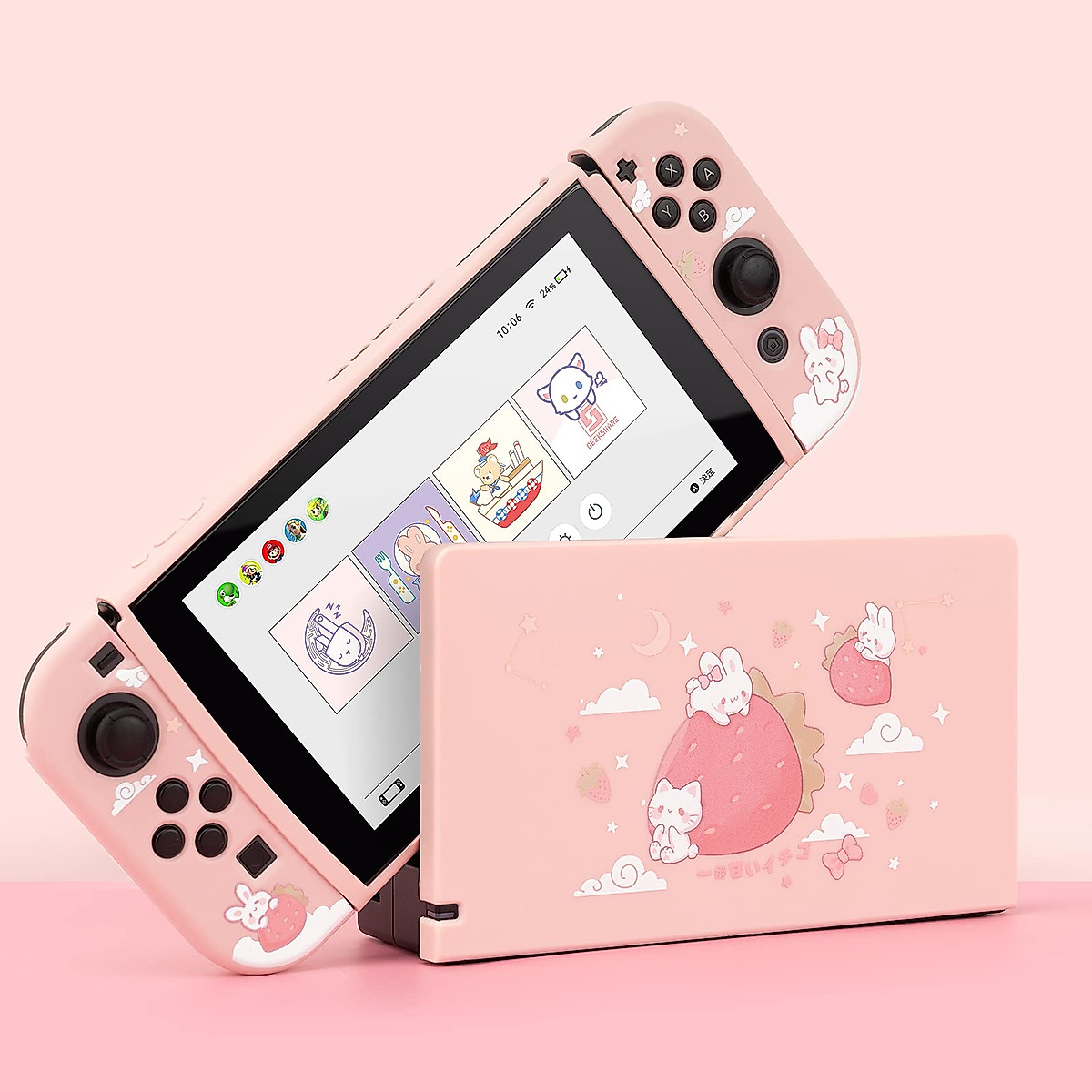 GeekShare Anti Scratch Switch Dock Cover- Hard Faceplate Sleeve Pad for Switch Dock- DIY Replacement Shell Compatible with Nintendo Switch Dock(Strawberry Rabbit)