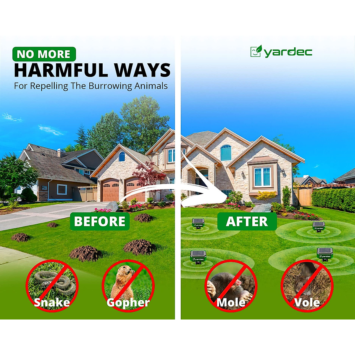 YARDEC Gopher Repellent Ultrasonic Solar Powered (8-Pack) - Easy To Use Solar Mole Repellent Ultrasonic With an Auger Drill Bit - IP65 Waterproof Sonic Repeller Stakes For Groundhog, Vole, Snake, etc.