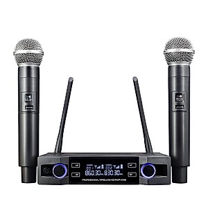 Wireless microphone, dual channel professional cordless dynamic wireless microphone, handheld wireless microphone system for home karaoke, conferences, parties, churches, weddings, parties, 160 ft