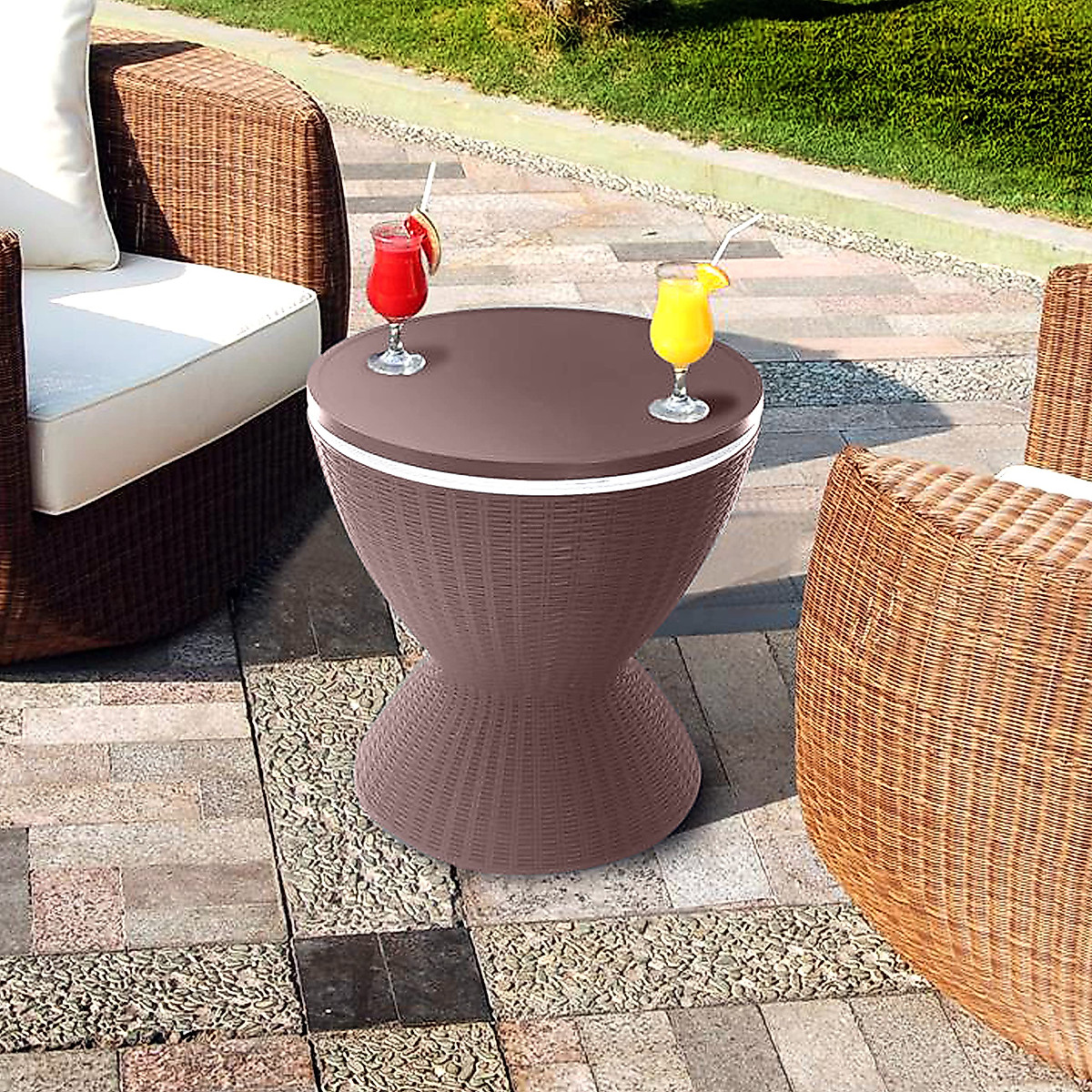 SereneLife Outdoor Cool Bar Table, 7.5 Gallon Beer and Wine Cooler, Patio Furniture & Hot Tub Side Table, Beverage Cooler, All-Weather Resistant Ice Cool Bar, Rattan Style Patio, Cocktail Bar (Grey)