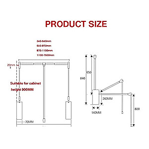 Silver Drop-Down Wardrobe Hanging Rail, Adjustable Closet Lifter Storage Shelf, Soft Reset, Space Saving, 30KG Load (Size : 870-1100mm)