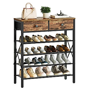 YATINEY 5 Tier Shoe Rack, Large Capacity Shoe Storage Organizer, Metal Shoe Shelf with Drawer and Wooden Top, for 16 Pairs of Shoes, for Entryway, Closet, Rustic Brown and Black SS25BR