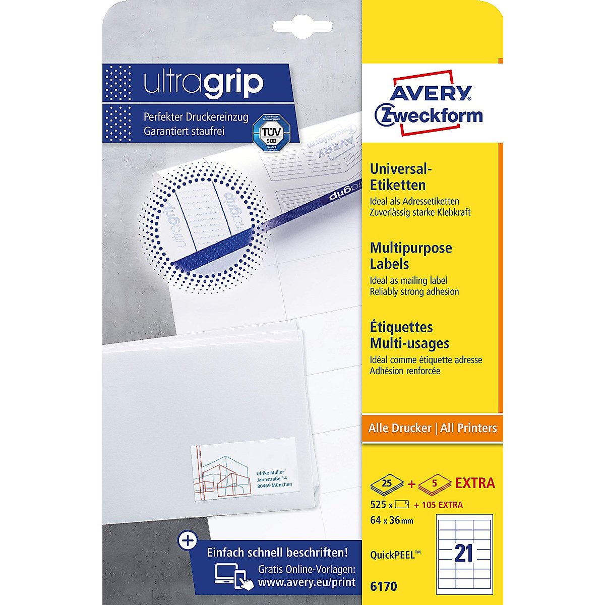 Avery Zweckform 6170 Labels 64 x 36 mm Quick-Peel 25 Sheets