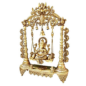 ROYALSTUFFS Brass Ganesha Idol Murti Sitting on Jhula for Worship Temple Home, 66 cm Height