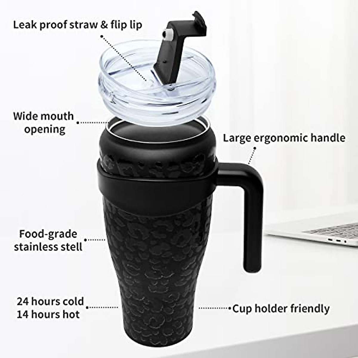 LAOION 40 oz Tumbler with Handle and Straw,Stainless Steel Mug with Leak Proof Screw Seal Lid,Dual Insulated Large Cup with handle,Keeps Drinks Cold for 24 Hrs,Sweat Proof,BPA Free-Black Leopard