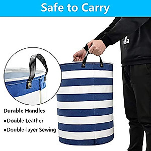 Large Nursery Laundry Basket, BigXwell 22 inch Tall Baby Laundry Basket Collapsible Hamper with Easy Carry Extended Sturdy Handles, Blue and White Thickened Canvas Kids Laundry Hamper for Storage