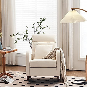 Rocking Chair Nursery Modern Accent Chair High Backrest Upholstered Rocking Chair with Headrest and Side Bag Mid Century Glider Chair Living Room Lounge Chair Armchair