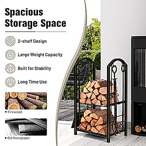 Goplus Firewood Rack with 4 Fireplace Tools, Wrought Iron Log Holders with Poker, Tong, Brush and Shovel, Indoor Outdoor Lumbar Storage Rack, Fireplace Tools Sets for Fire Pit, Wood Stove, Bronze