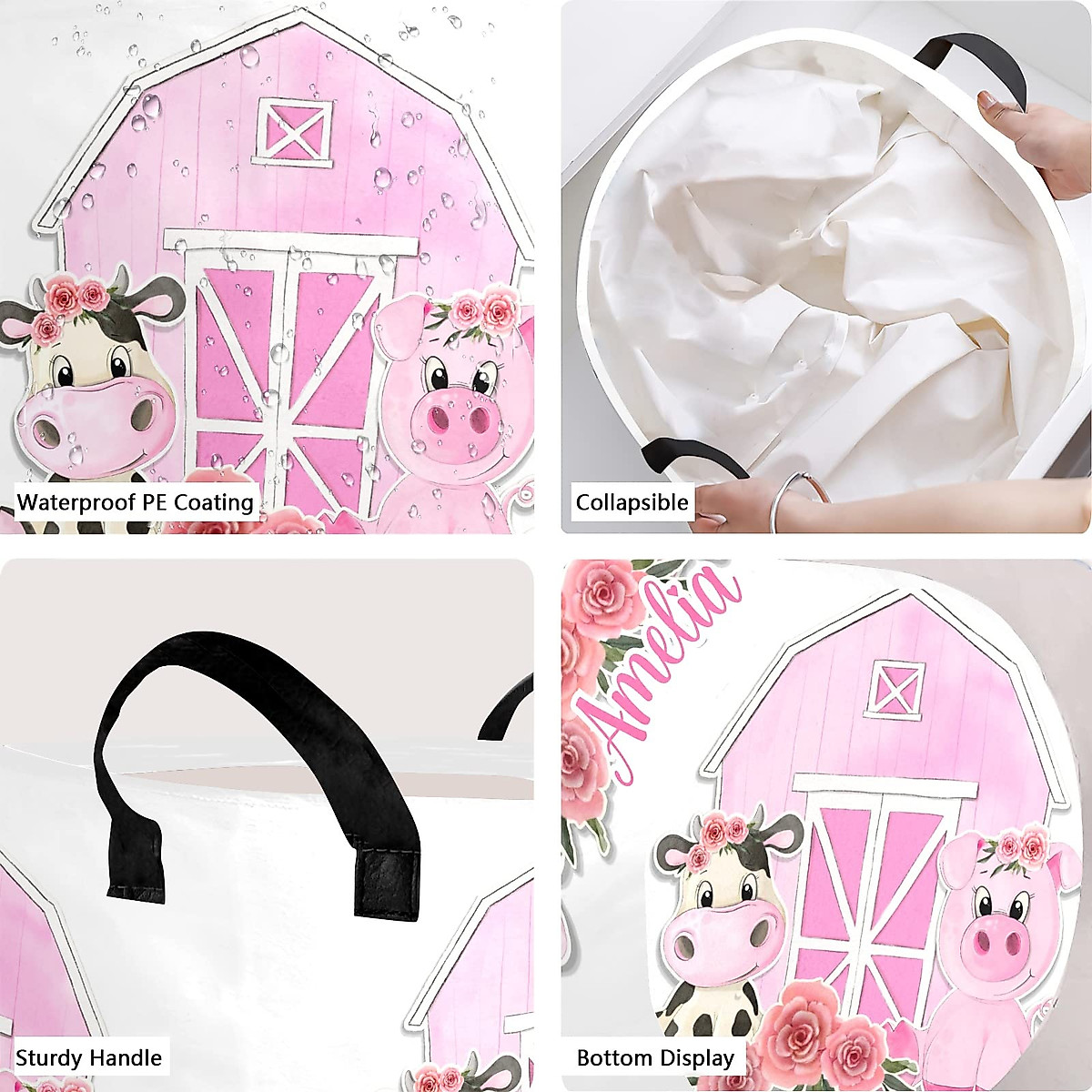 Personalized Laundry Basket Hamper,Cow Pig Flower Farm,Collapsible Storage Baskets with Handles for Kids Room,Clothes, Nursery Decor