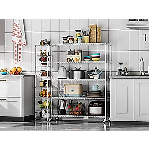 5 Tier NSF Metal Shelf Wire Shelving Unit, 7500lbs Capacity Heavy Duty Adjustable Storage Rack with Wheels & Shelf Liners for Commercial Grade Utility Steel Storage Rack , 82"H x 60"L x 24"D - Chrome