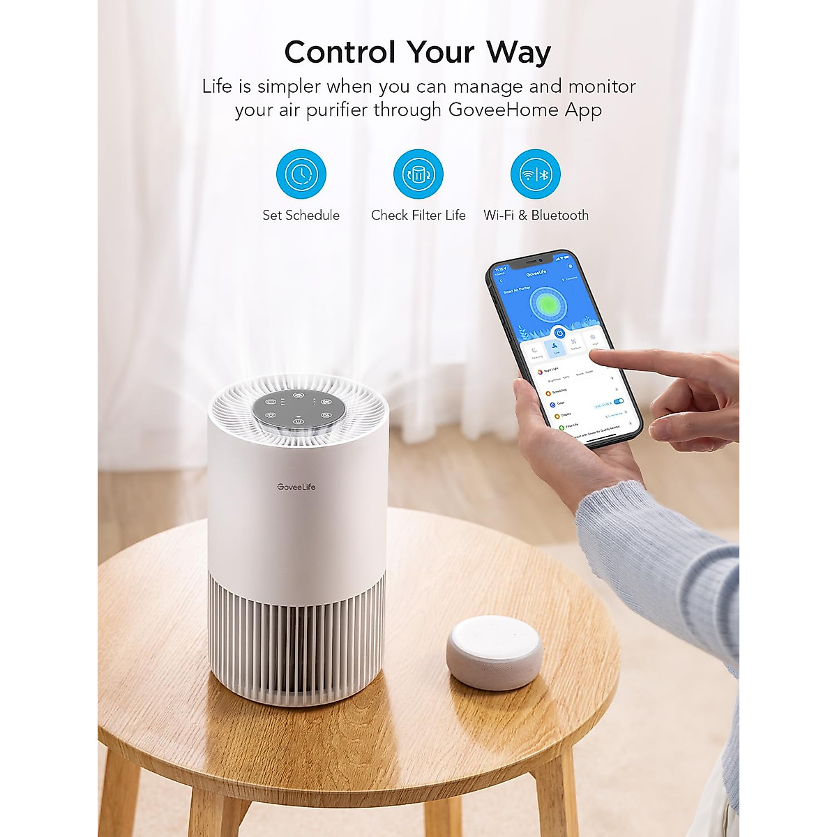 GoveeLife Smart Air Purifiers for Bedroom, with WiFi Alexa Control, HEPA 24dB Quiet Air Purifier with Fragrance Sponge, RGB Night Light, for Pet Dander, Allergies, Smoke, Office and Desktop, White