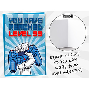 39th Birthday Card, You Have Reached Level 39, Greeting Card for Thirty-Nine Year Old Gamer Birthday Gift for Adult Son or Daughter, For Him Her Mom Dad, Blue