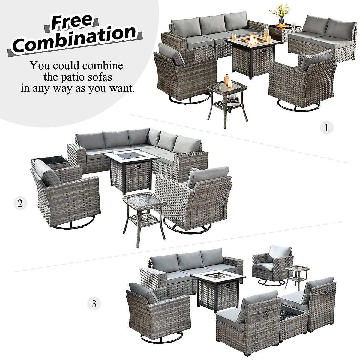 HOOOWOOO Outdoor Patio Sectional Furniture Sofa Set with Fire Pit Table,10 Piece Modern Wicker Couch with Swivel Chairs,Modular Conversation Seating Set with Widened Armrest for Garden(Dark Grey)
